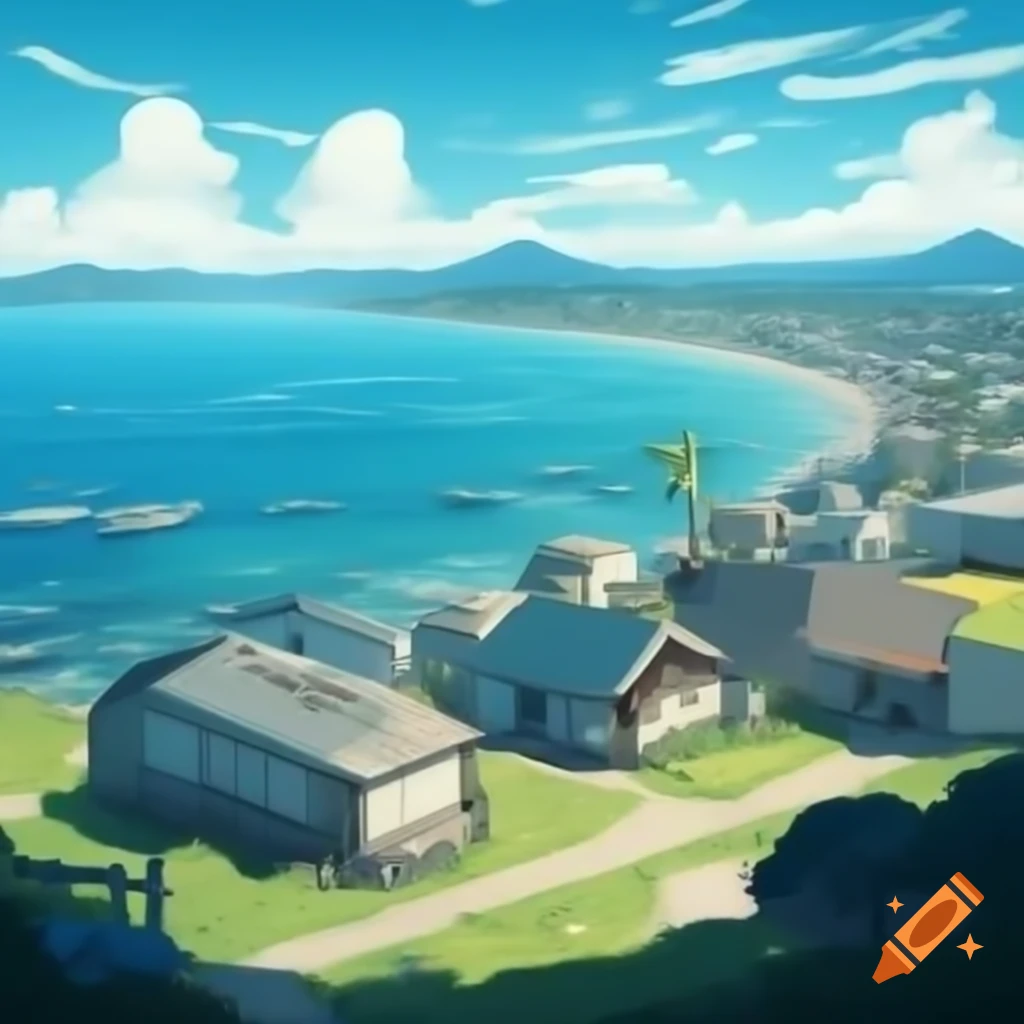 Watercolor painting of a small coastal town, side view on Craiyon