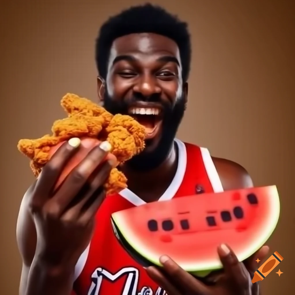 Man playing basketball while holding fried chicken and watermelon on ...