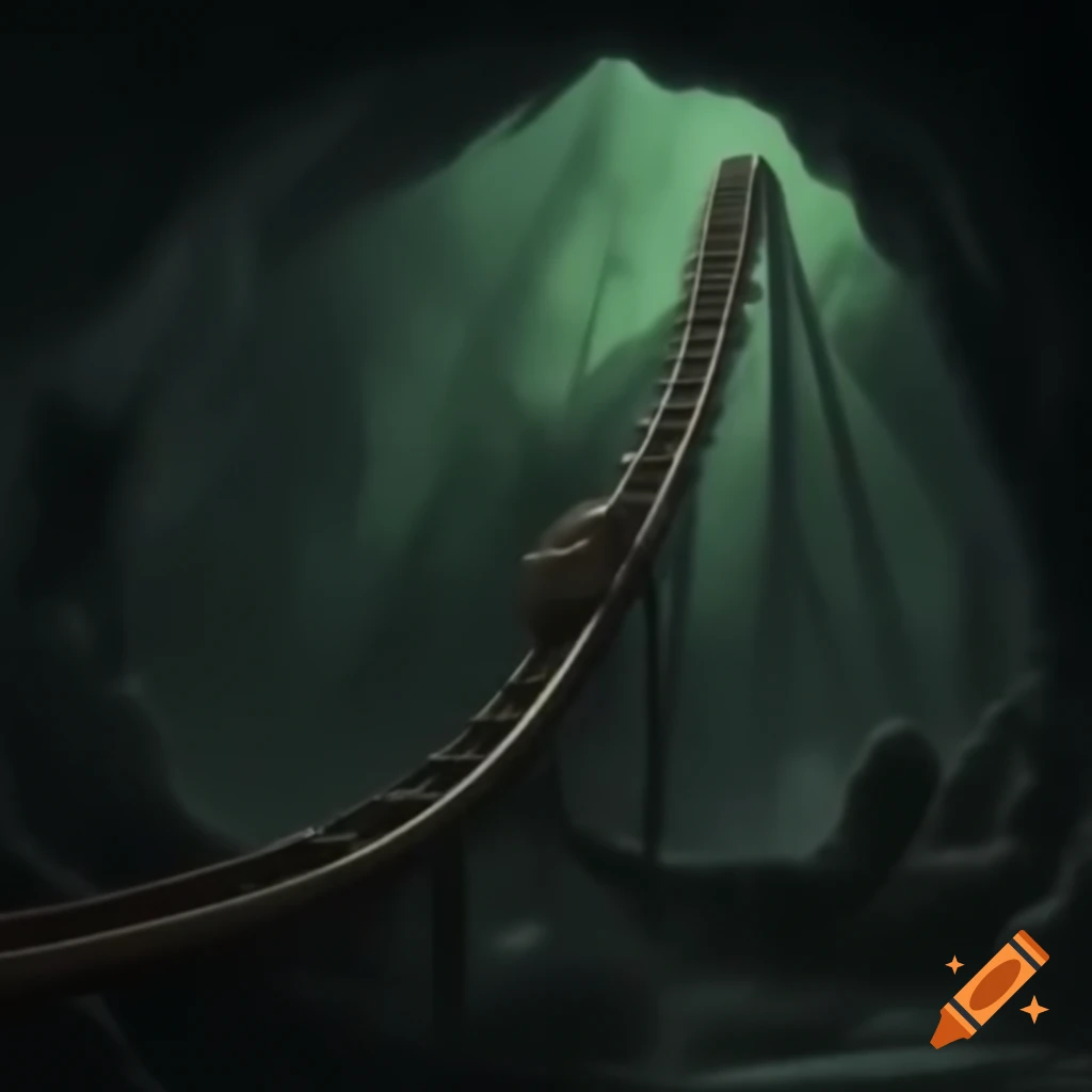 Dark and spooky roller-coaster traveling through a cave on Craiyon