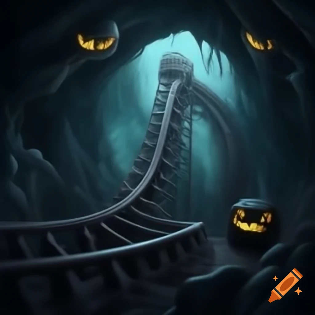 Dark and spooky roller-coaster traveling through a cave on Craiyon