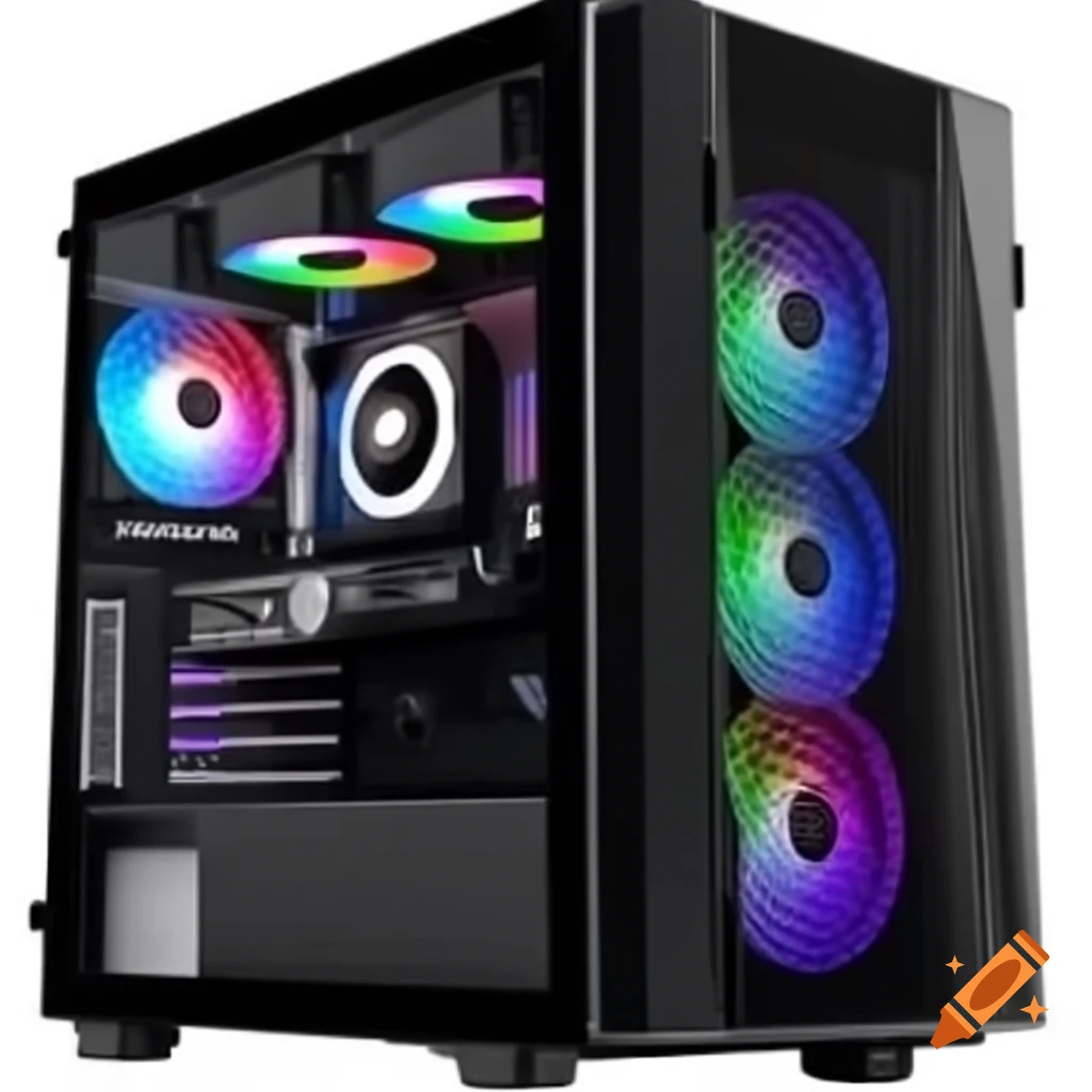 Side view of black computer with RGB Geforce RTX graphics card and AIO ...