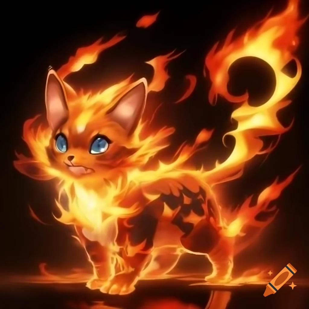 Elegant fire-themed Pokémon resembling a cat on Craiyon