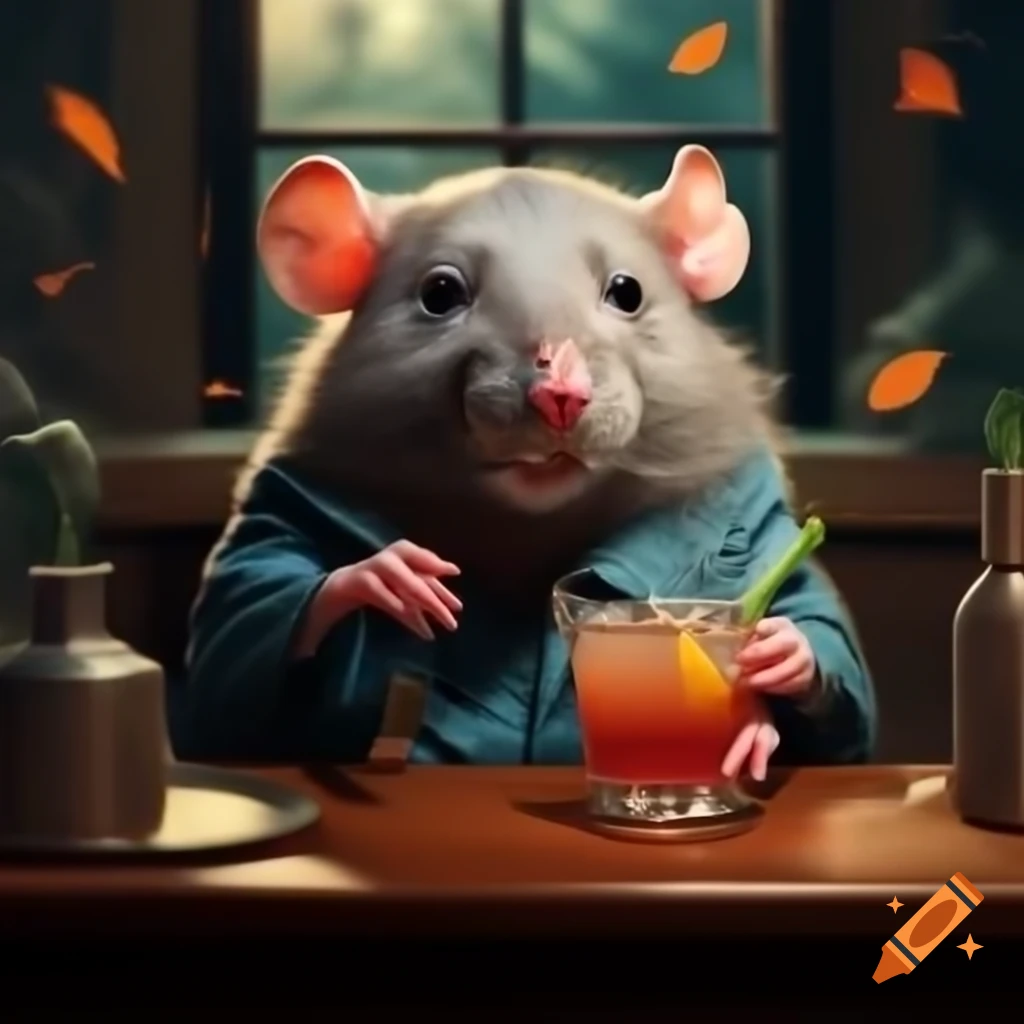 Pixar-style rat enjoying a cocktail, close-up of pensive person in dim ...