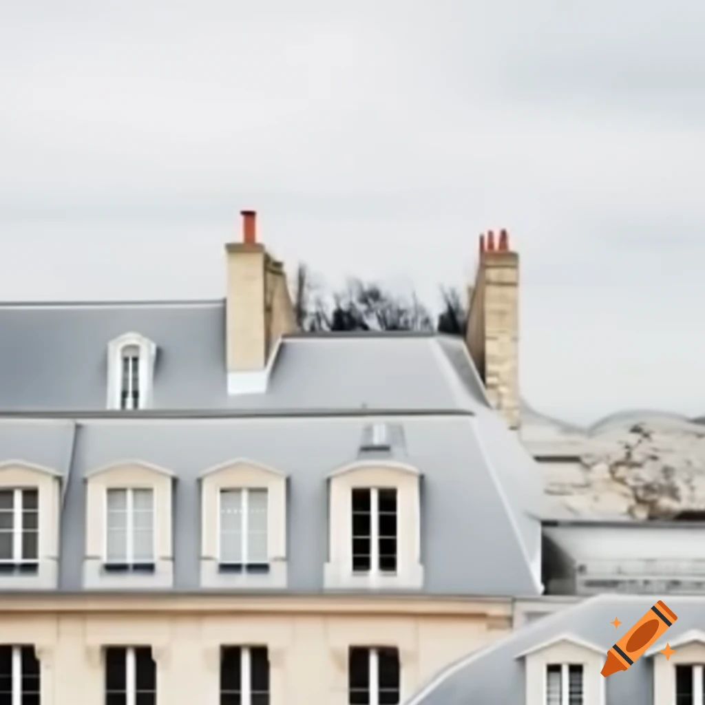 Simple French architecture with flat roof, columns, and turrets in ...
