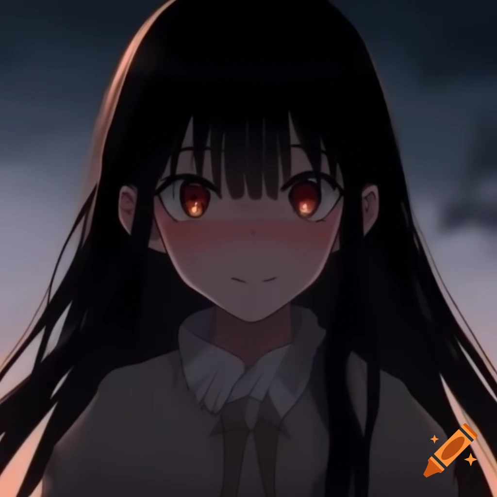 Anime illustration of a character with long dark hair and a defiant ...