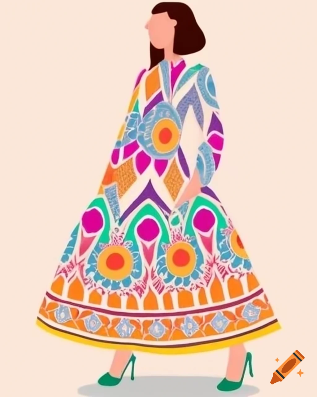 Woman in colorful mandala dress with flower and plant patterns in pop ...