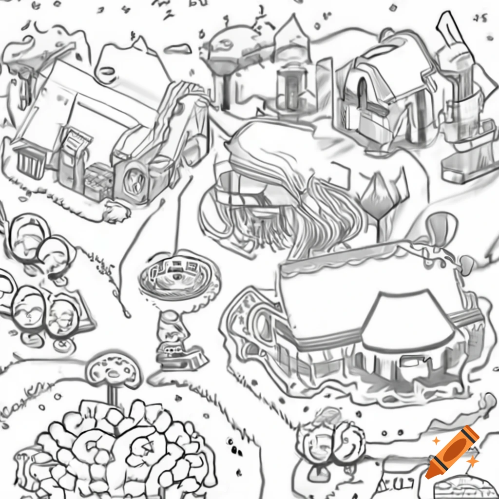 Intricate black and white coloring page of a cozy village inspired by ...