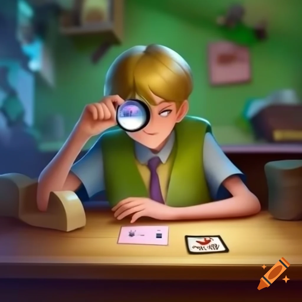 Blond boy examining Pokémon cards with magnifying glass in a living ...