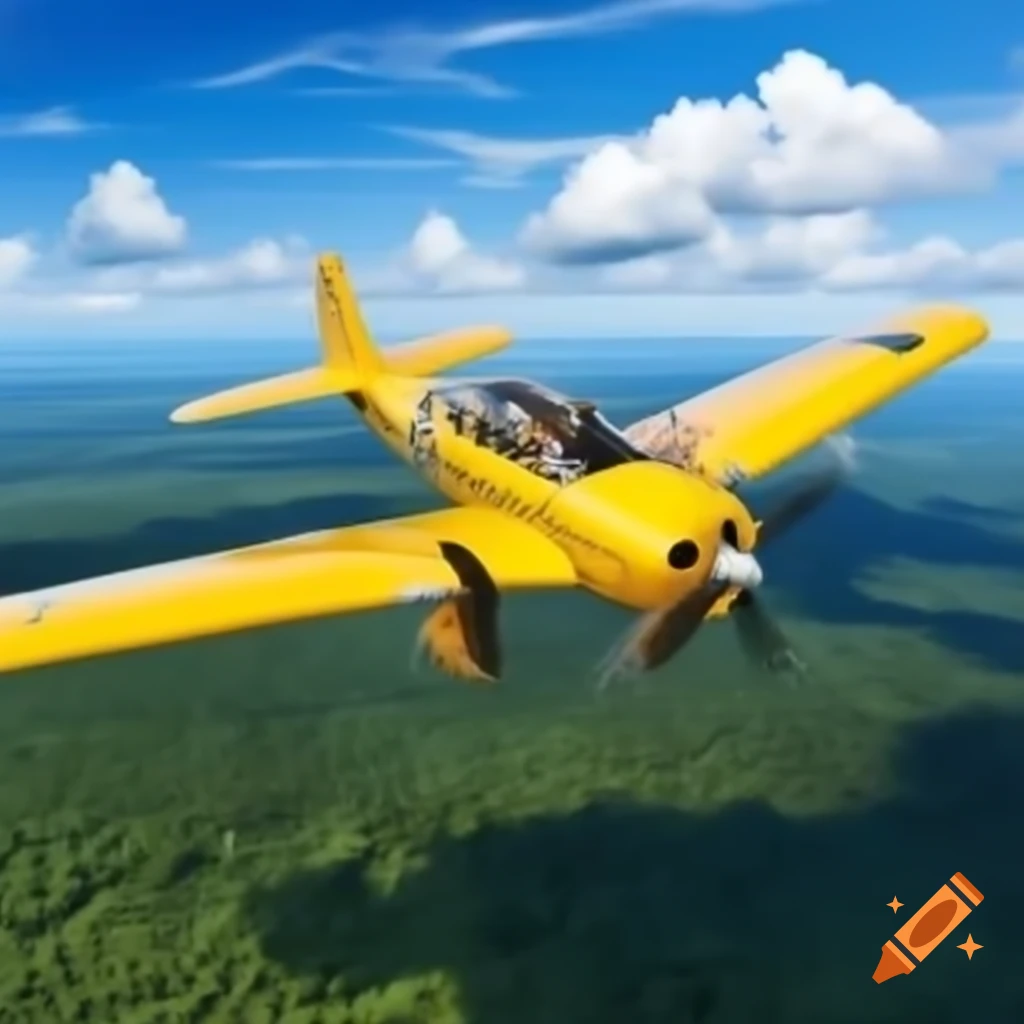 Small yellow plane flying over Central American jungle scenery on Craiyon