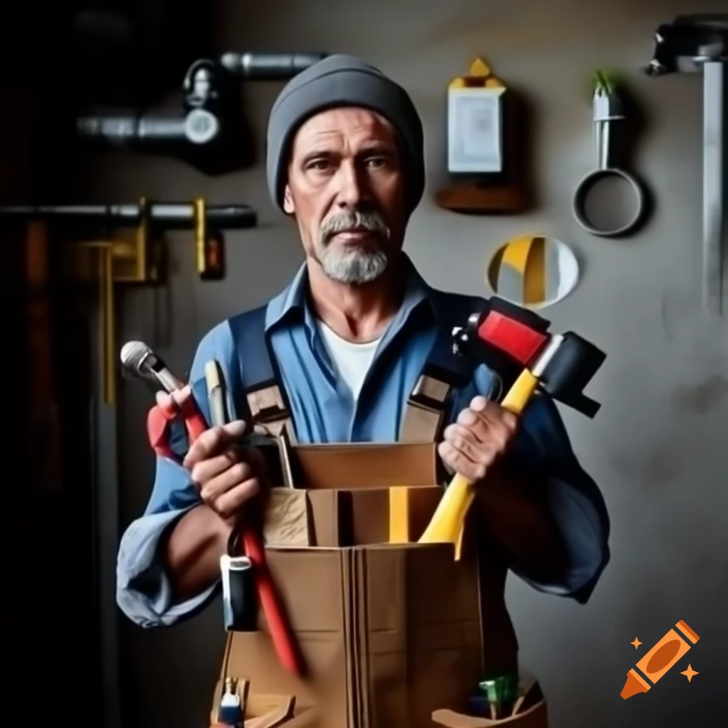 Handyman equipped with painting, plumbing, and electrical tools on Craiyon
