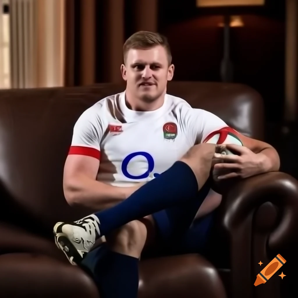 England rugby player relaxing on couch after match on Craiyon