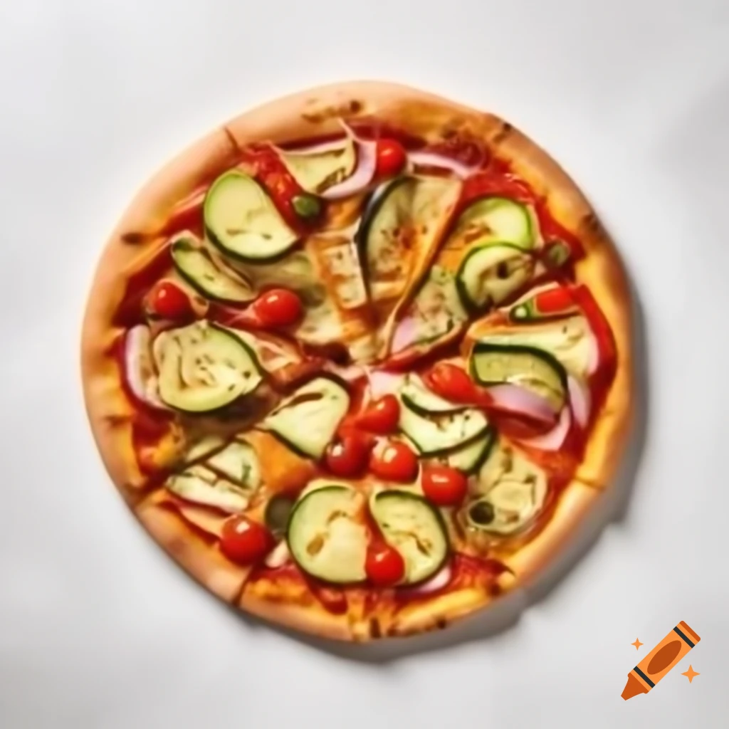 Hyper realistic large pizza topped with eggplant, zucchini, red onion ...