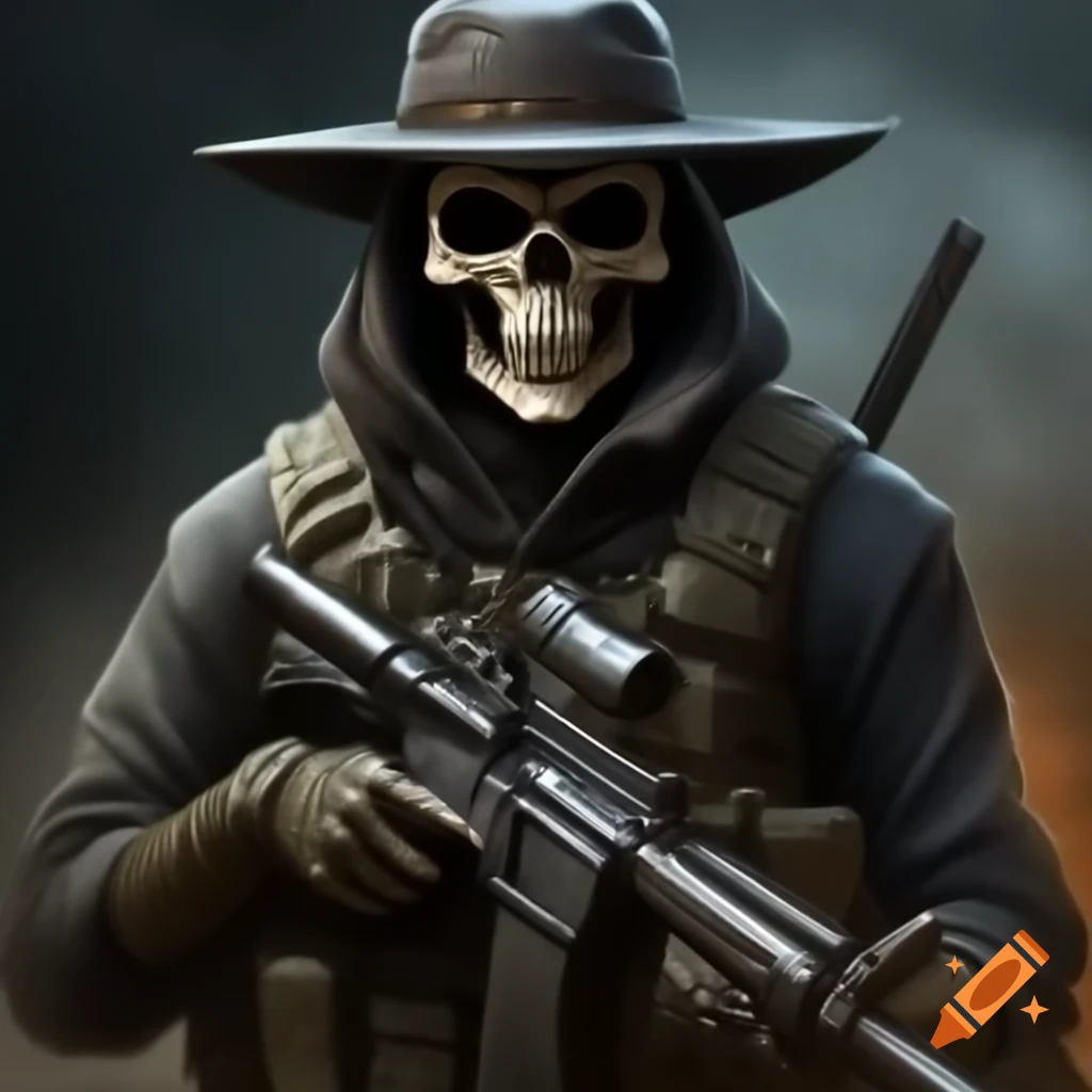Grim reaper skull in tactical gear with AR-15 rifle in defensive stance ...