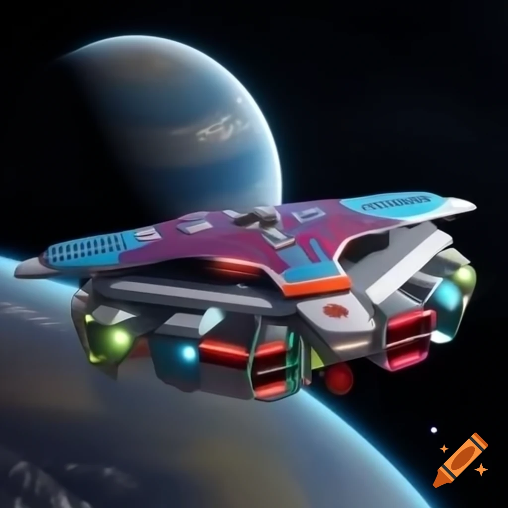 Futuristic spacecraft shaped like a croissant flying by a giant planet ...