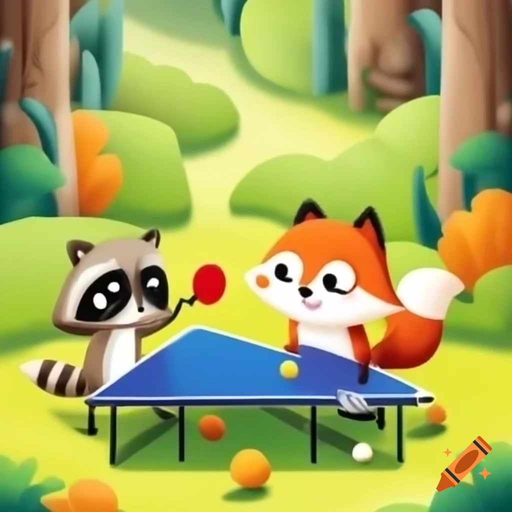 Cute fox playing ping pong with raccoon on Craiyon