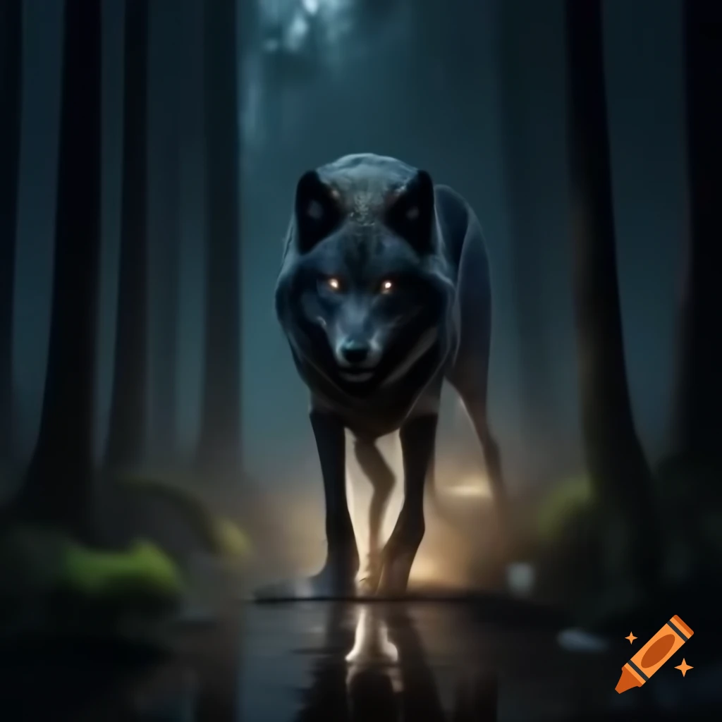 Lone black wolf alert in rain-soaked forest at night on Craiyon