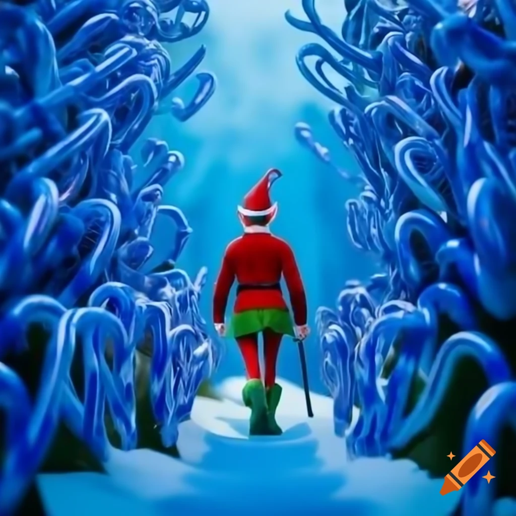 Will Ferrell as Buddy the Elf walking through candy cane forest on Craiyon