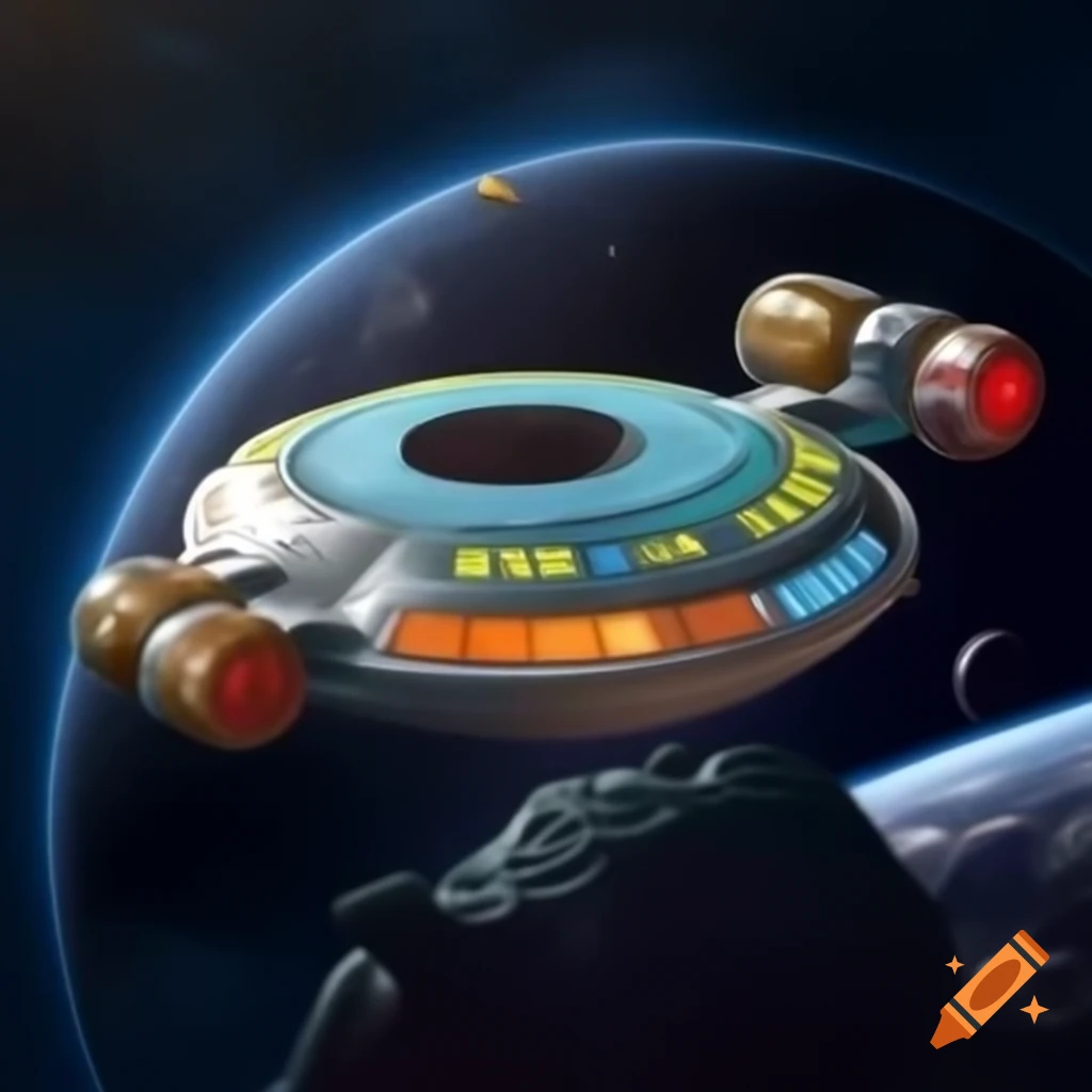 Futuristic spacecraft shaped like a croissant flying by a giant planet ...