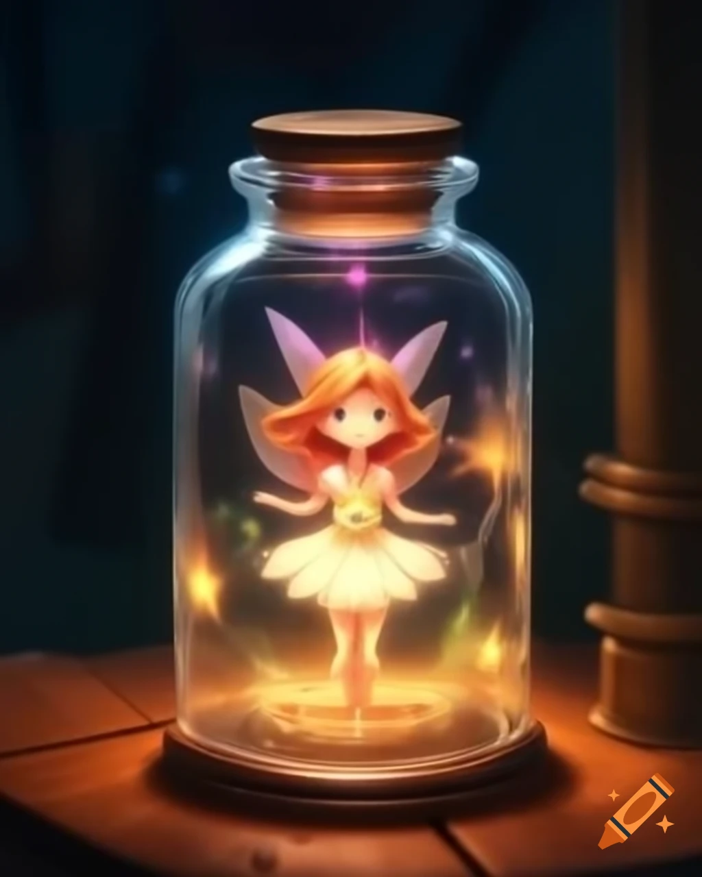 Glowing fairy girl in glass jar on wooden table, anime style on Craiyon