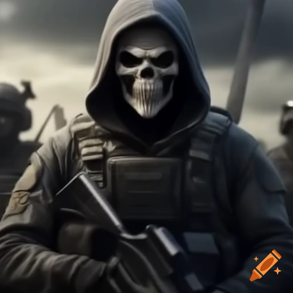 Realistic reaper figure in tactical military gear in defensive posture ...
