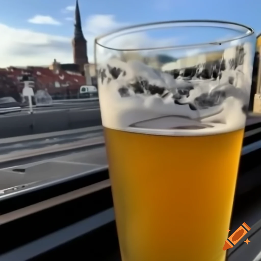 Train loaded with beers and Denmark scenery in the background on Craiyon