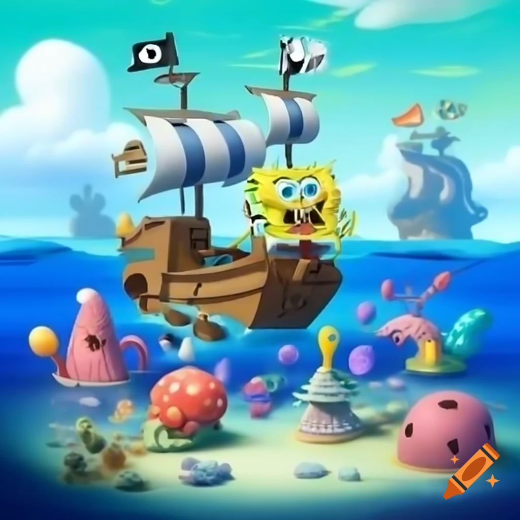 SpongeBob on pirate ship at sea with coral island and characters on Craiyon