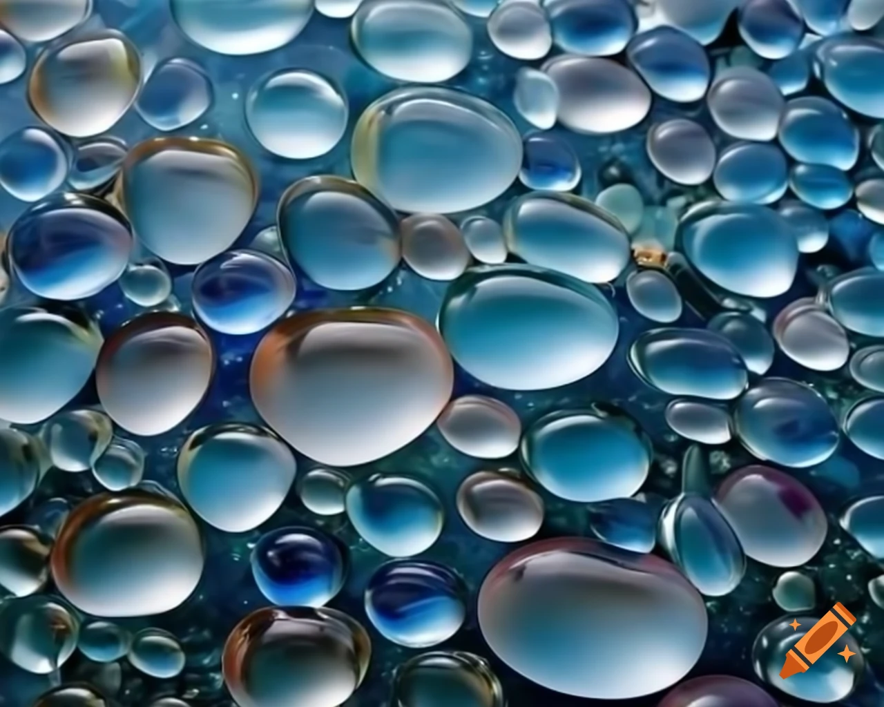 Multicolored transparent glass pebbles scattered on ocean shore on Craiyon
