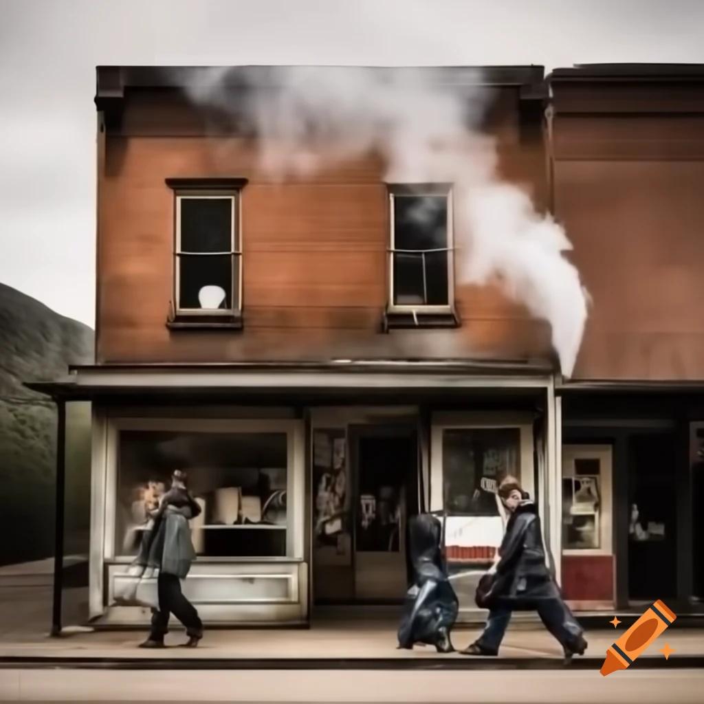 Weathered small-town hardware store with locals and man pouring coffee ...
