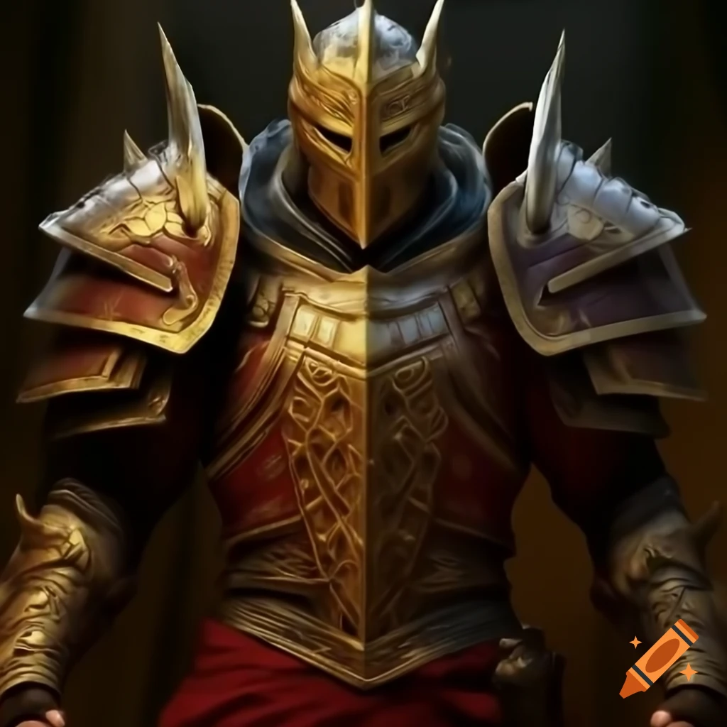 Warrior in ornate gold and red armor with dragon-style helmet on Craiyon