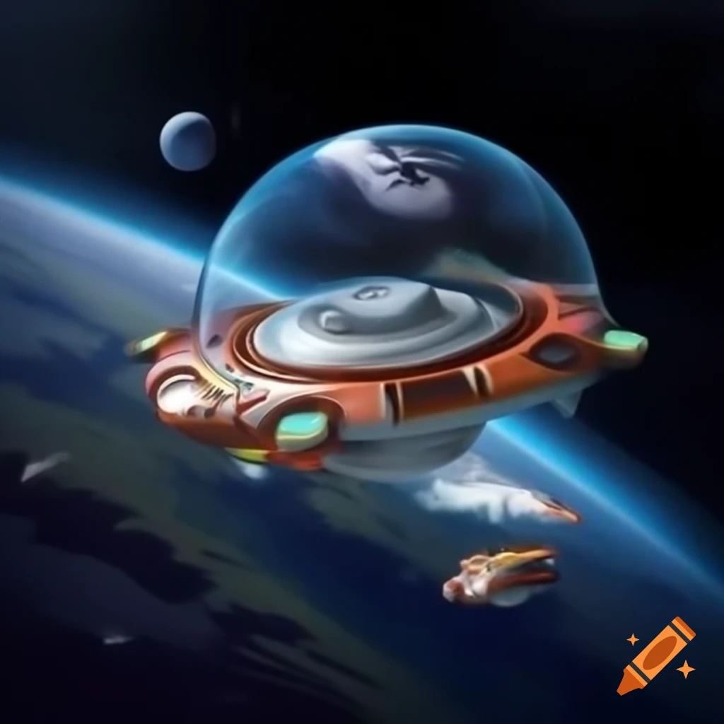 Futuristic spacecraft shaped like a croissant flying by a giant planet ...