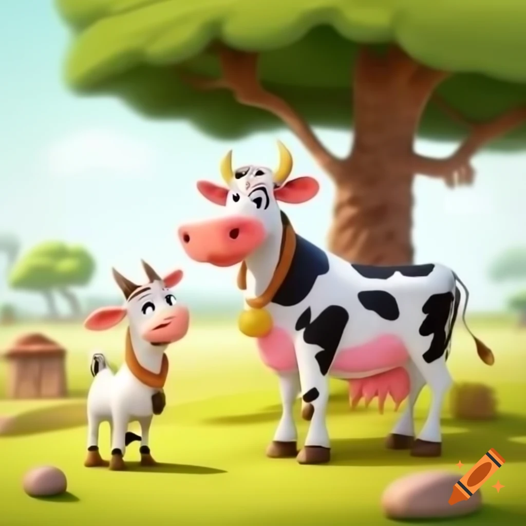 Cartoon of cow and goat under tree in Indian village, showcasing ...