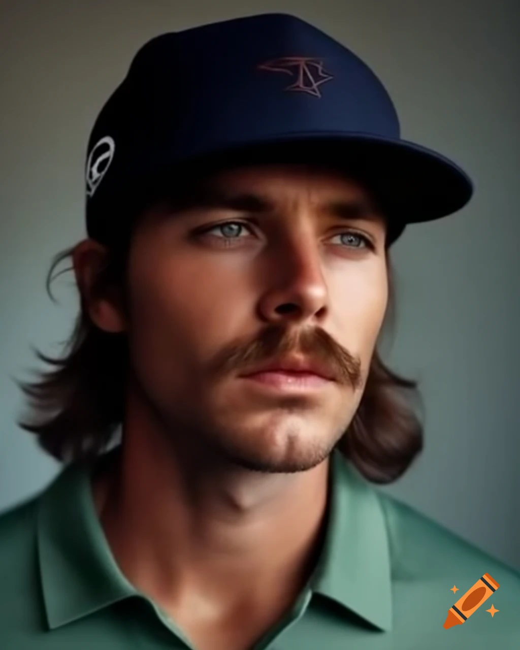 Portrait of man with mullet hairstyle and mustache wearing ball cap and ...