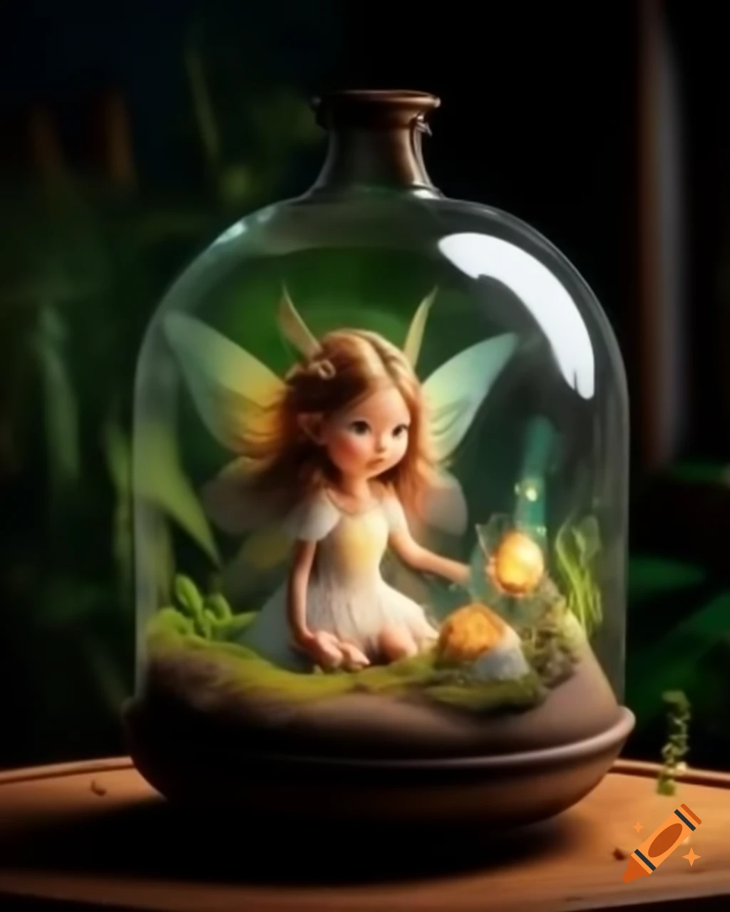 Glowing fairy girl in terrarium on wooden table, anime style on Craiyon