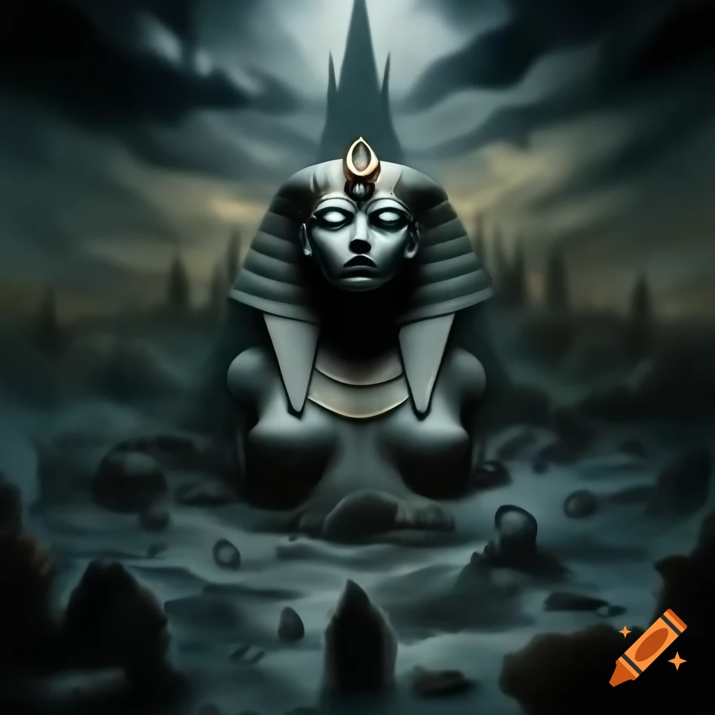 Surreal gothic painting of sphinx on crumbling spire under violet sky ...