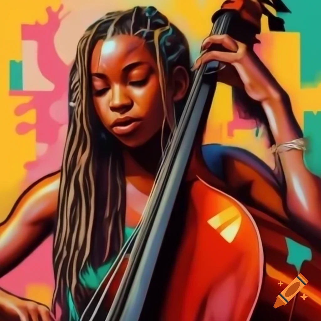 Female jazz artist with cornrow braids playing double bass in anime and ...