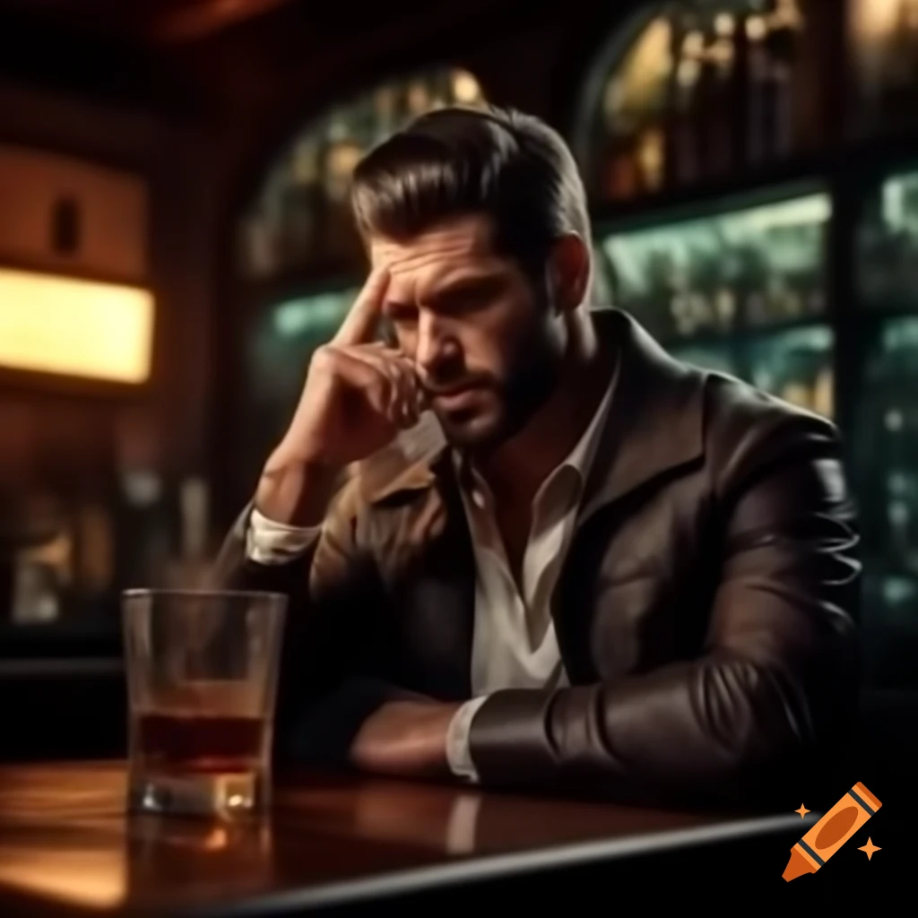 Handsome man sitting at bar with whiskey glass, expressing sadness on Craiyon