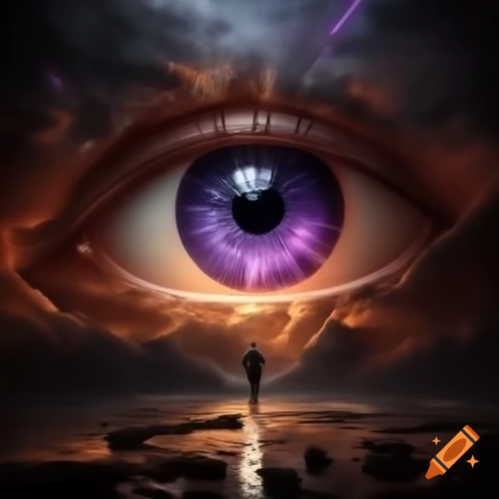 Abstract creator figure with eight eyes in a dense purple dimension on ...