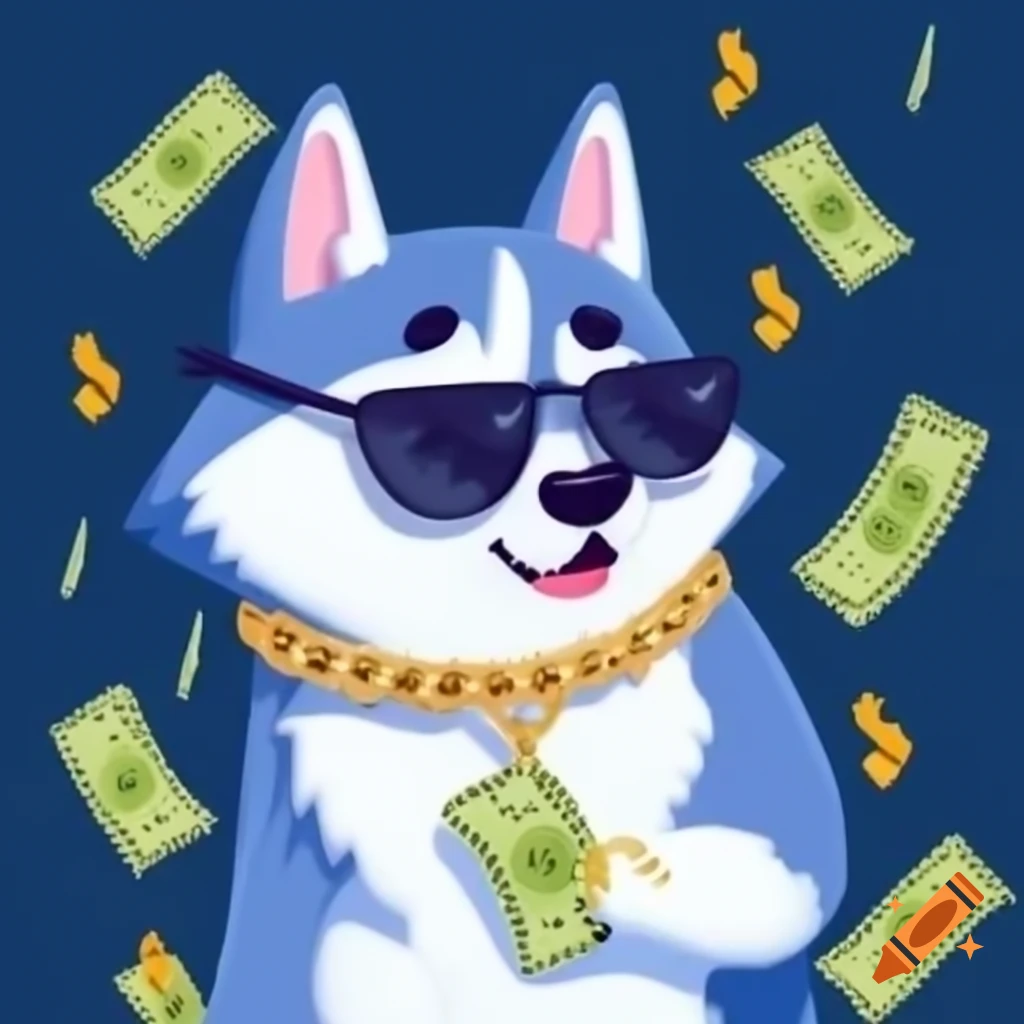 Cartoon husky wearing sunglasses and gold chain with money raining down ...
