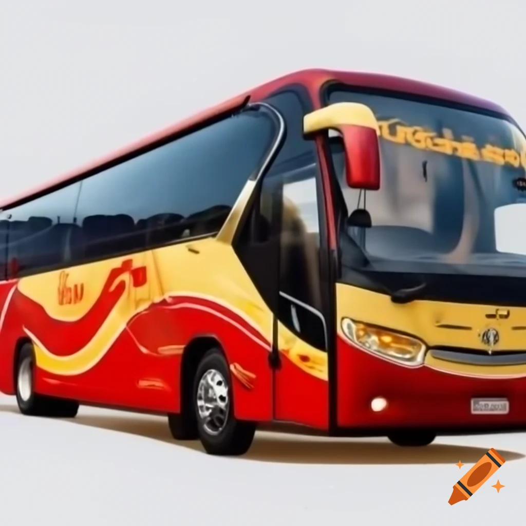 Red and yellow striped tourist bus with Maria de Leon name and M logo ...