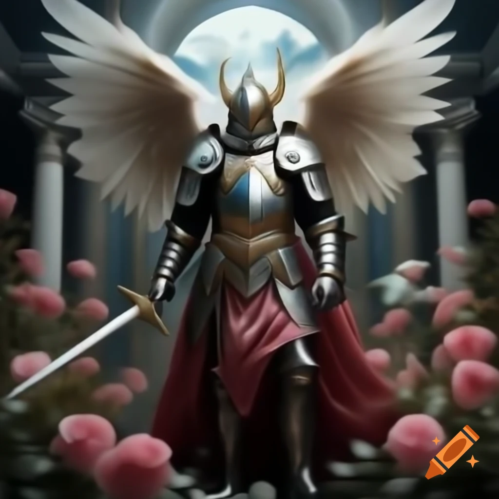 Ethereal knight in ornate silver armor with wings holding golden sword ...