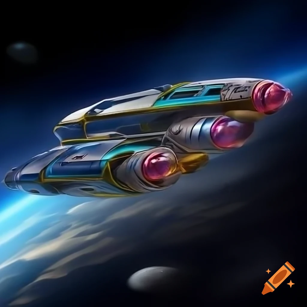 Futuristic croissant-shaped spacecrafts flying near giant planet with ...