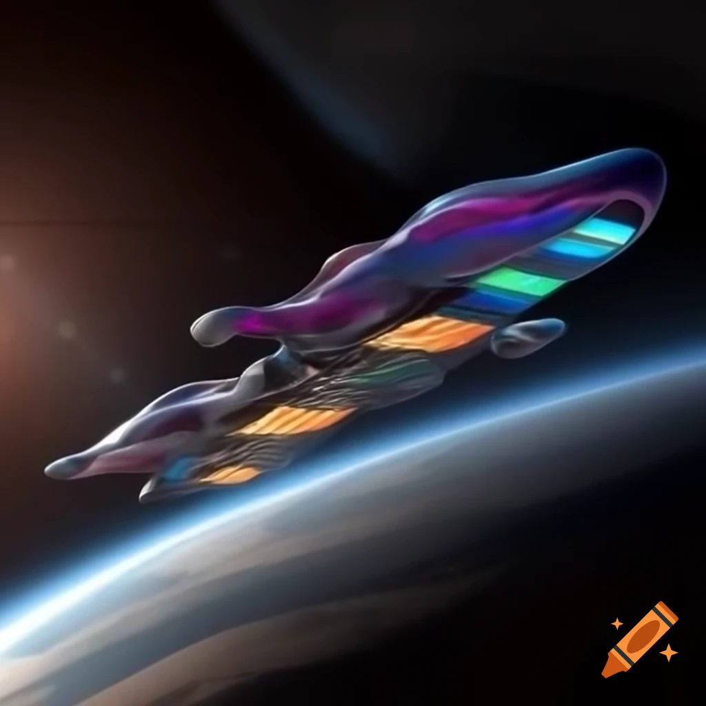 Futuristic croissant-shaped spacecrafts flying near giant planet with ...