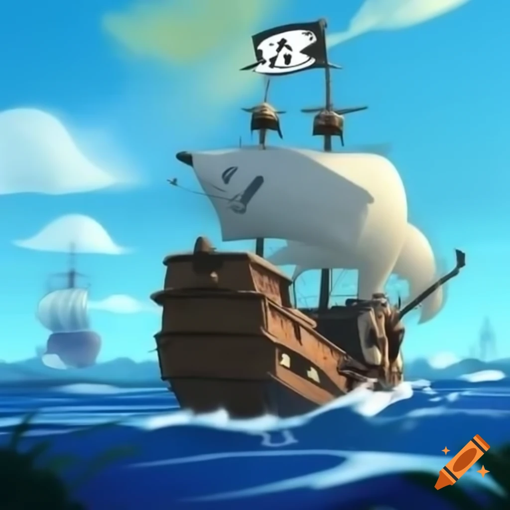 Animated pirate ship with captain using spyglass, kid-friendly style on ...