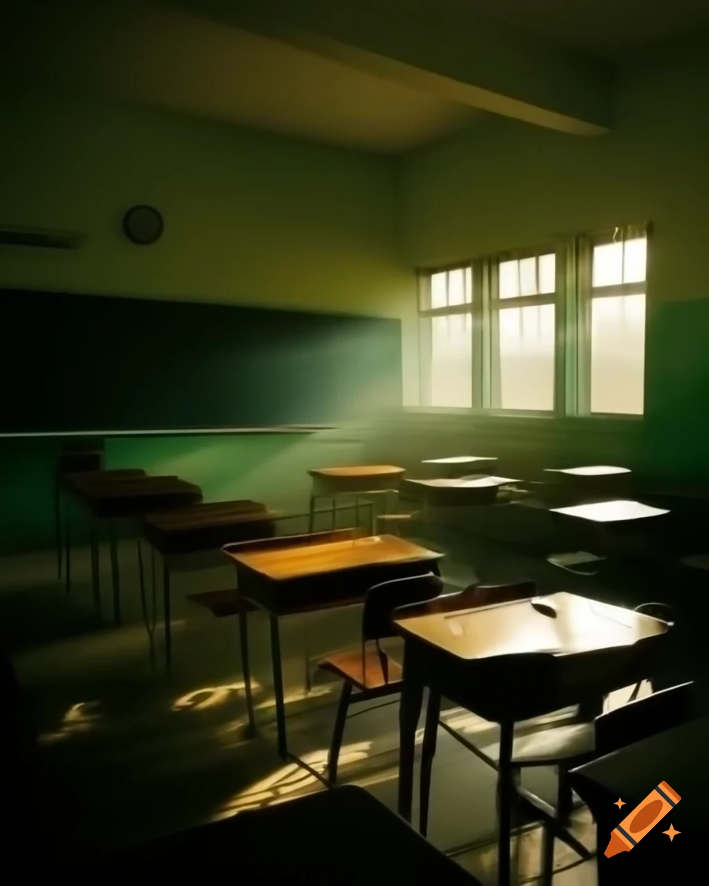 Hazy school classroom with dim sunlight and green elements on Craiyon