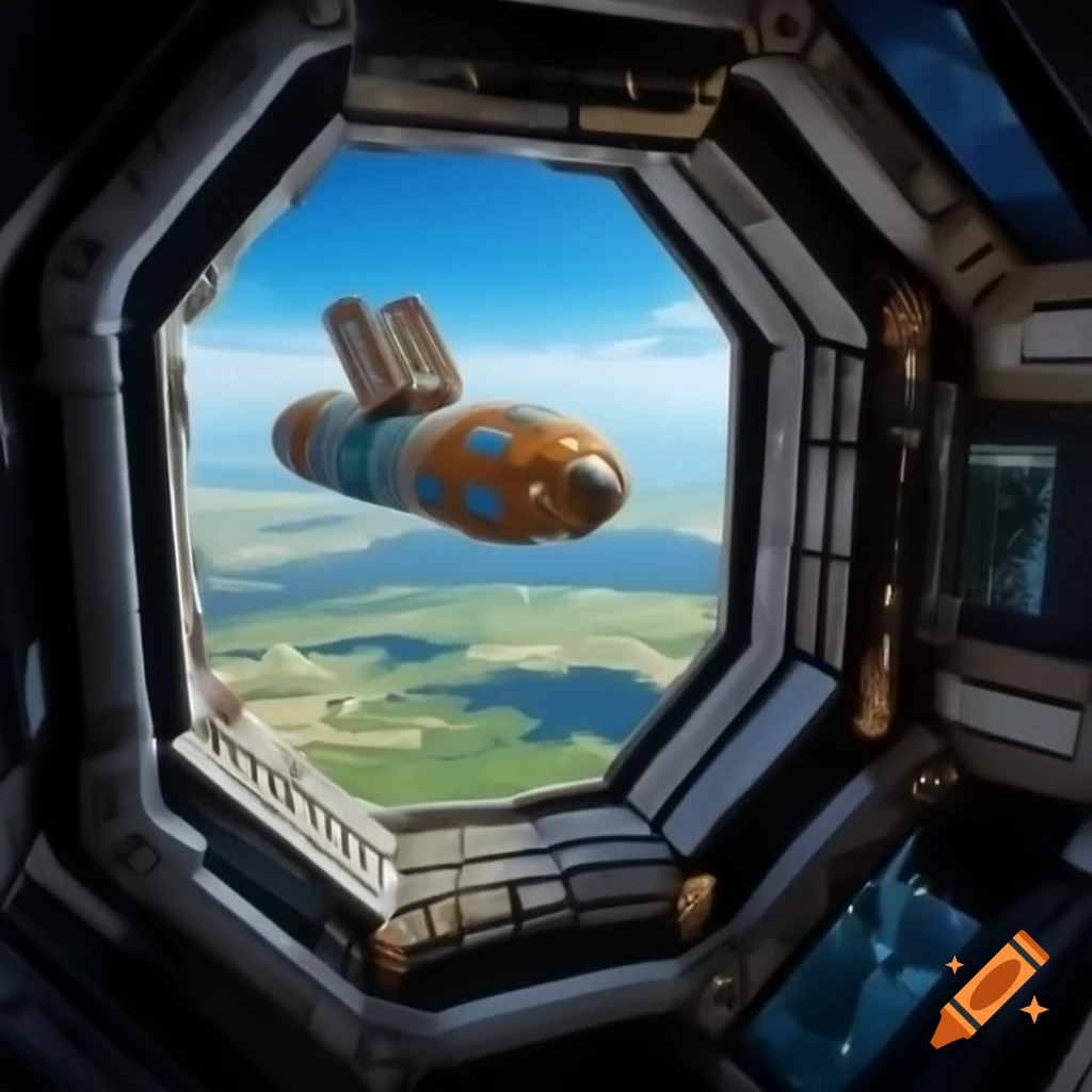 Colorful croissant-shaped spacecraft flying over medieval landscape on ...