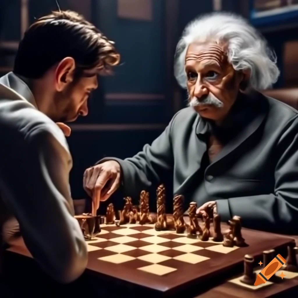Einstein looking sad while sitting across from a chess opponent on Craiyon