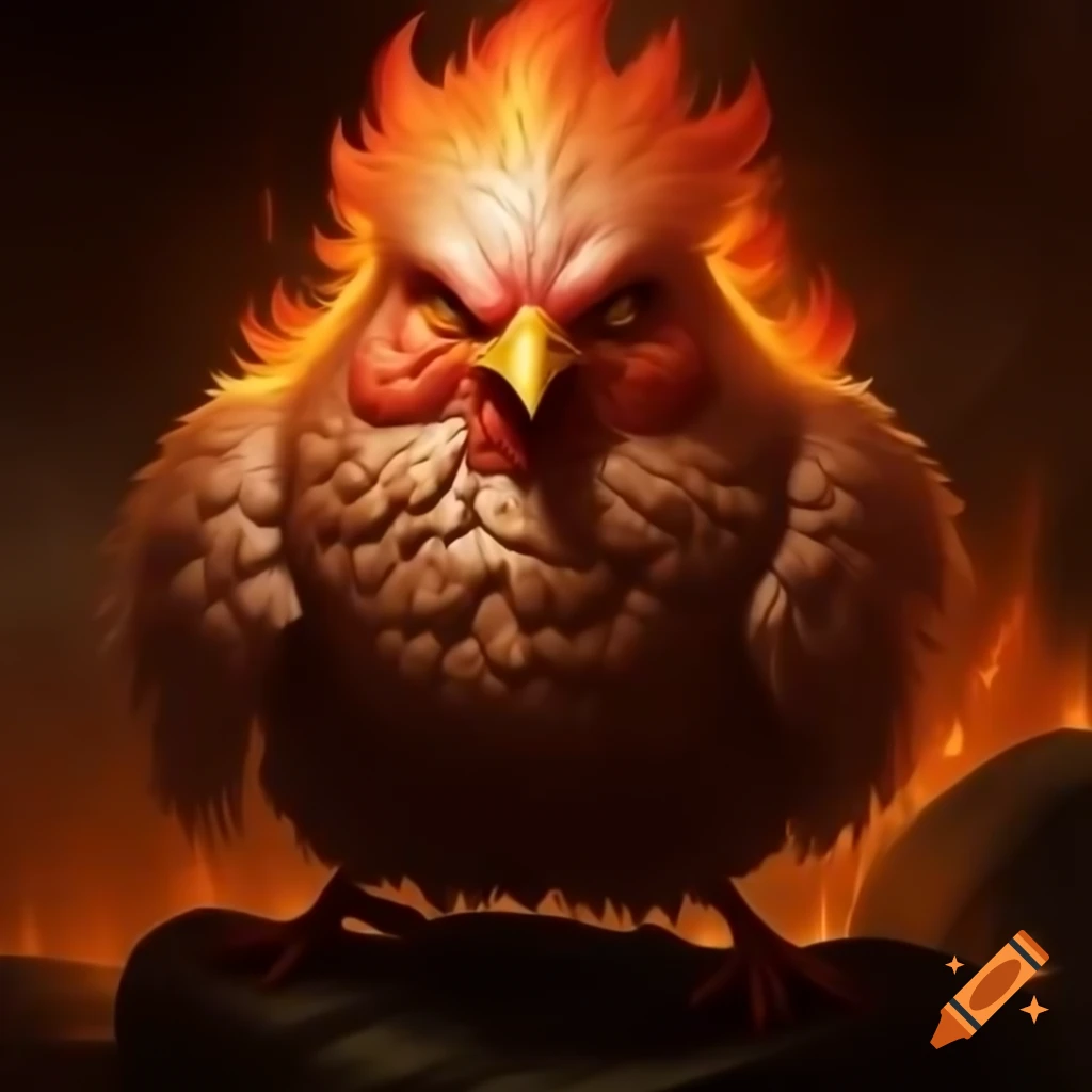 Fantasy D&D angry chicken boss on fire in berserk state on Craiyon