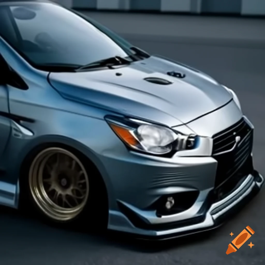 Sleek silver Mitsubishi Mirage G4 with sporty body kit on Craiyon