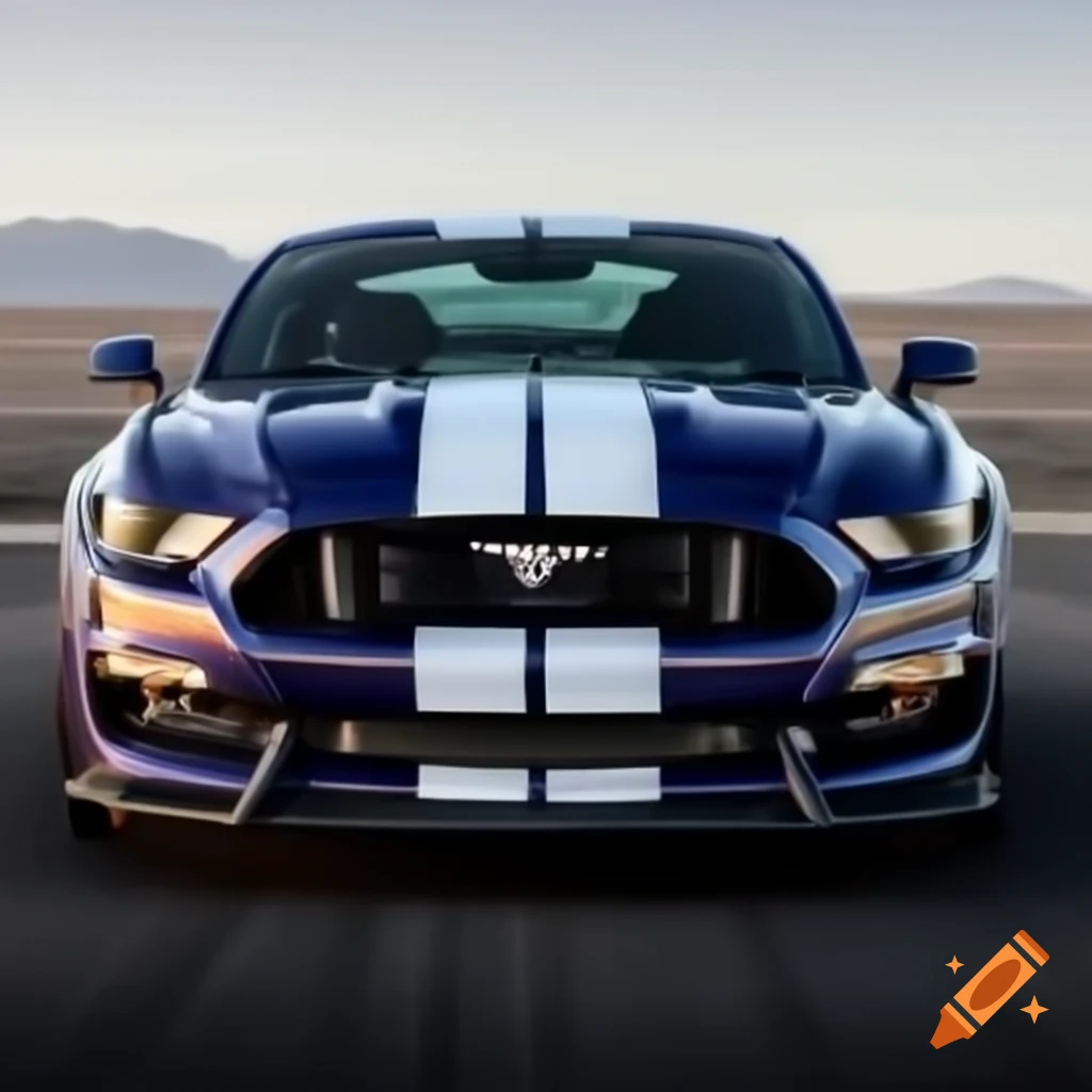 Front view of blue 2018 Ford Mustang GTR with white stripes on Craiyon