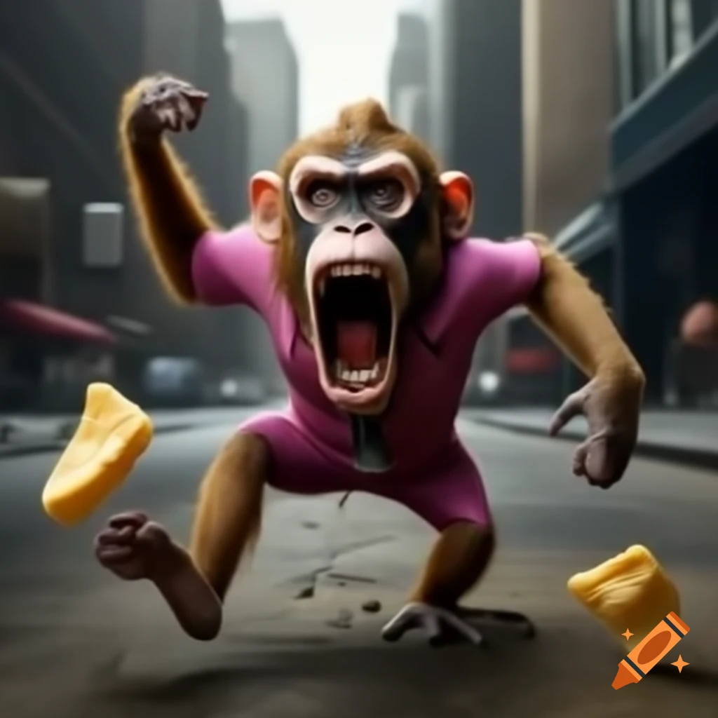 Angry flying monkey holding cheese wheel in city street with dancers on ...